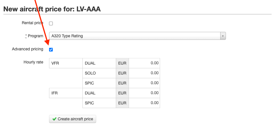 Setting up advanced aircraft pricing